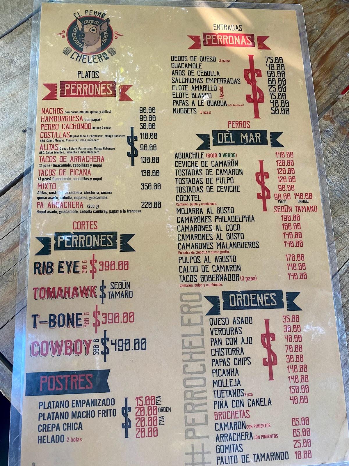 Menu at Perro Chelero restaurant, Mexico, Carr. Xalapa Veracruz 400