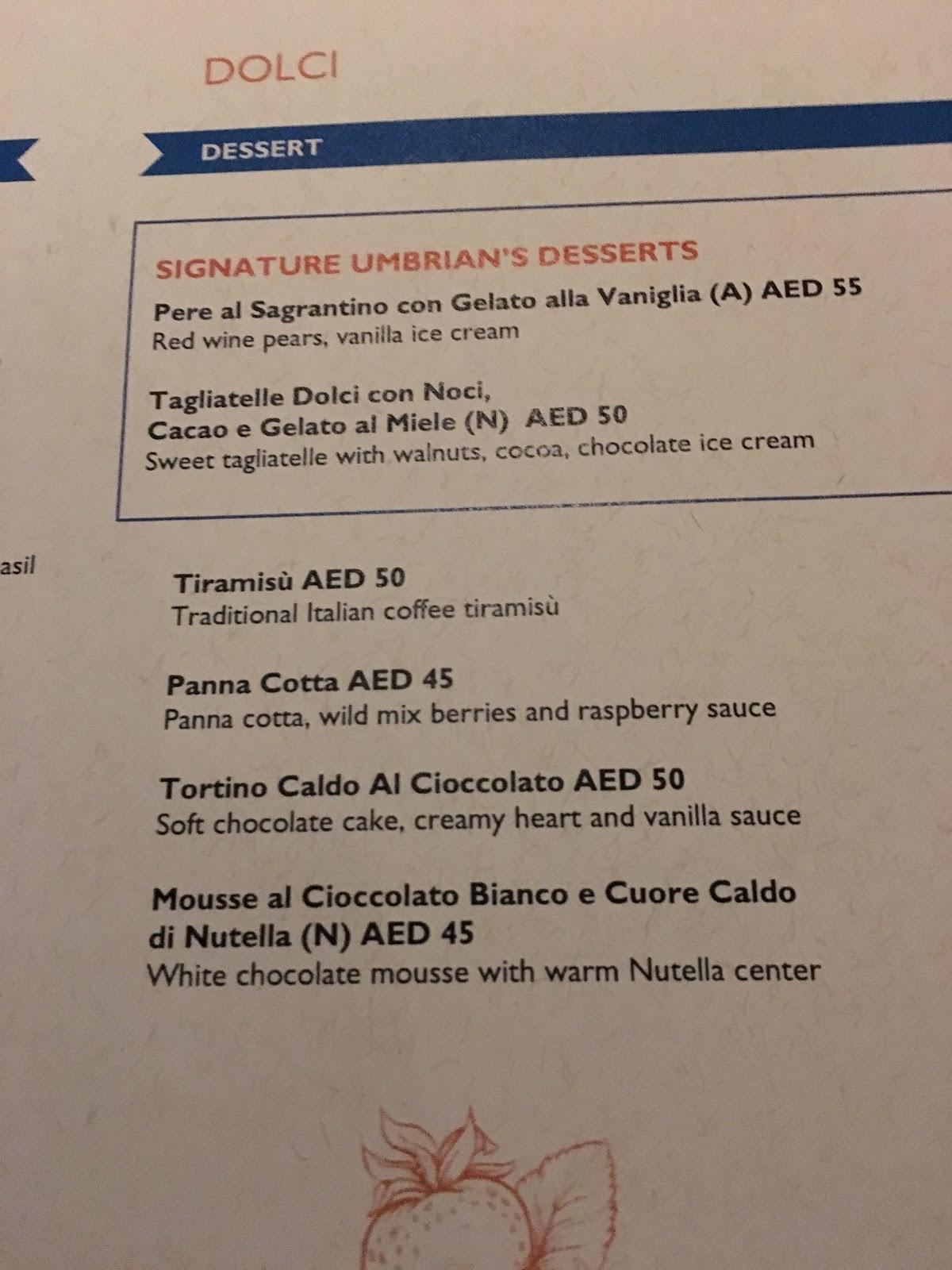 Menu at Positano restaurant, Dubai, Sheikh Zayed Rd
