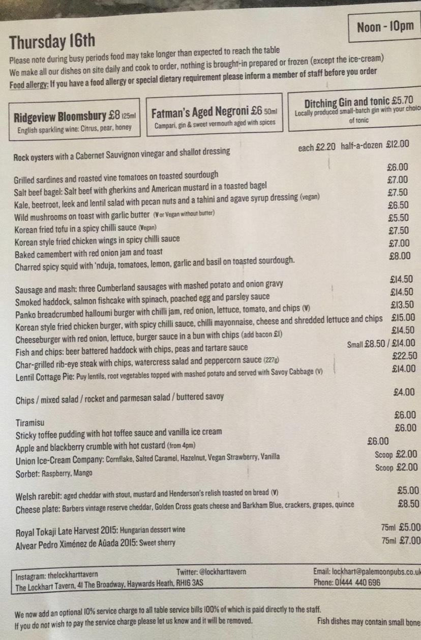 Menu at The Lockhart Tavern pub & bar, Haywards Heath