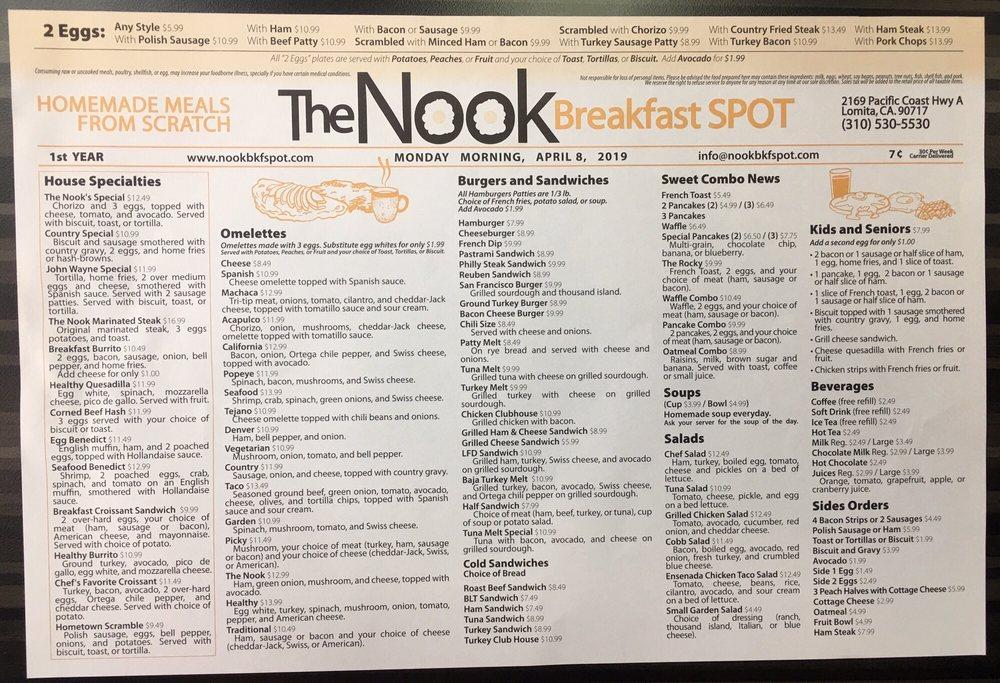 Menu at The Nook Breakfast Spot restaurant, Lomita