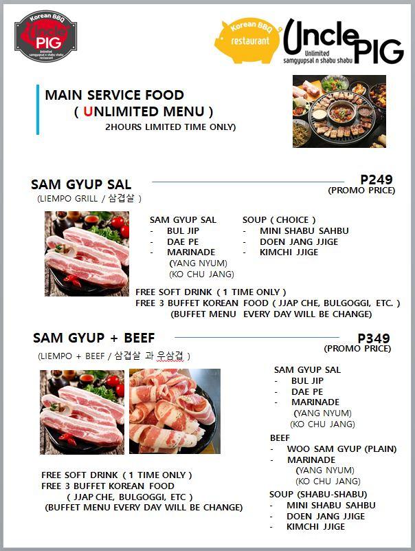 Menu at UNCLE PIG ( UNLIMITED KOREAN BBQ ), San Jose del Monte City