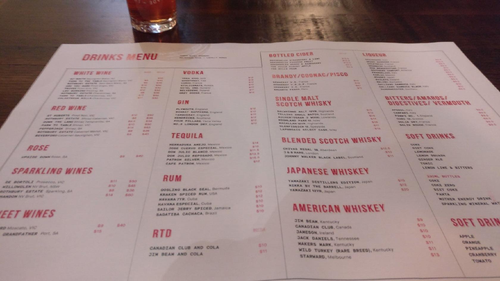Menu at Urban Alley Brewery pub & bar, Melbourne