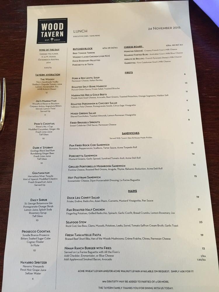 Menu at Wood Tavern restaurant, Oakland