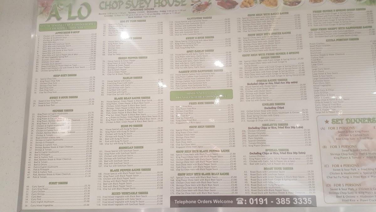 Menu at A Lo chop suey house fast food, Houghton le Spring
