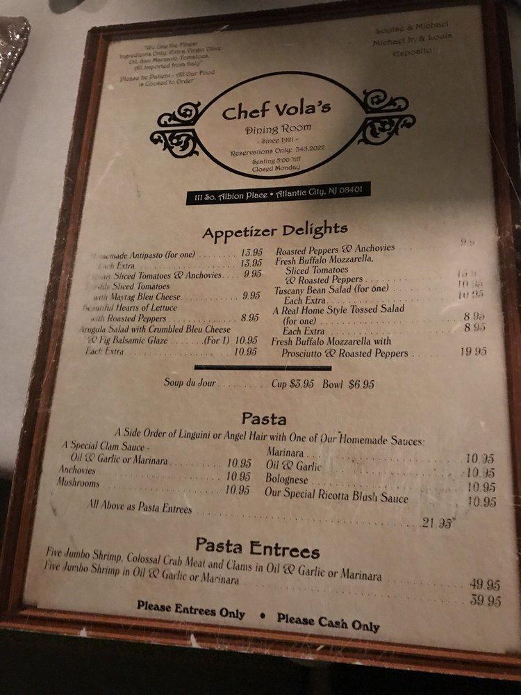 Menu at Chef Vola's restaurant, Atlantic City