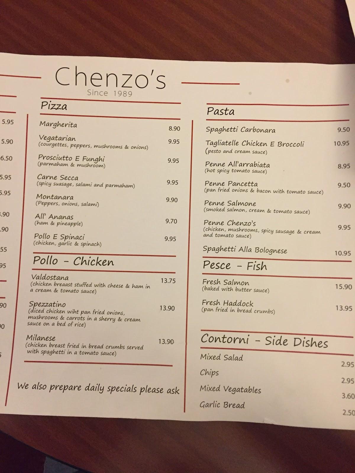 Menu at Chenzo's Restaurant, Uphall