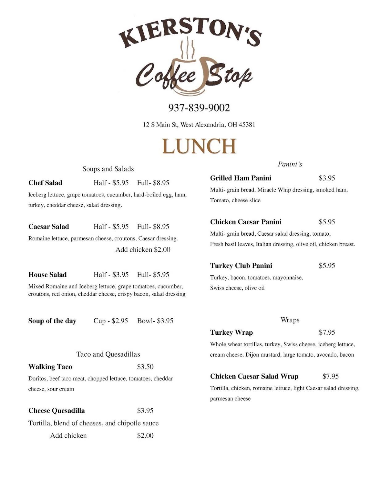 Menu at Kierston's Coffeestop restaurant, West Alexandria
