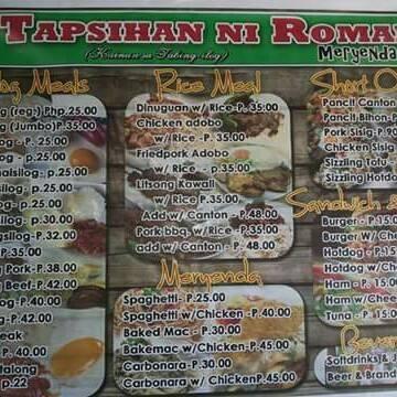 Menu at Tapsihan ni Roman restaurant, Siniloan