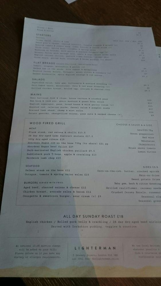 Menu at The Lighterman pub & bar, London, 3 Granary Square