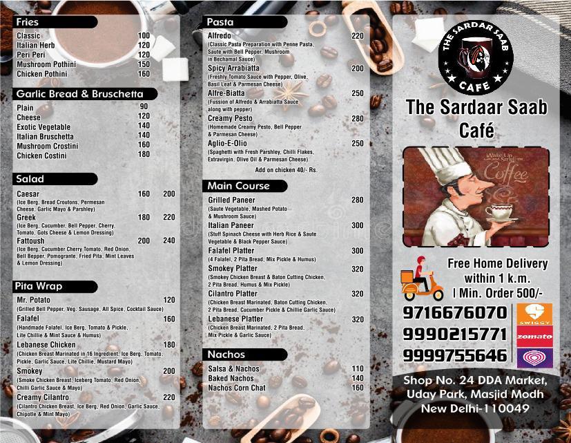 Menu at The Sardar Saab Cafe, New Delhi, New delhi 110049