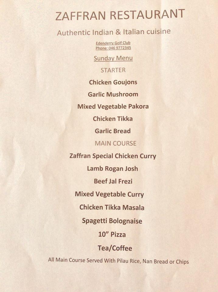 Menu at Zaffran Restaurant Edenderry, Edenderry