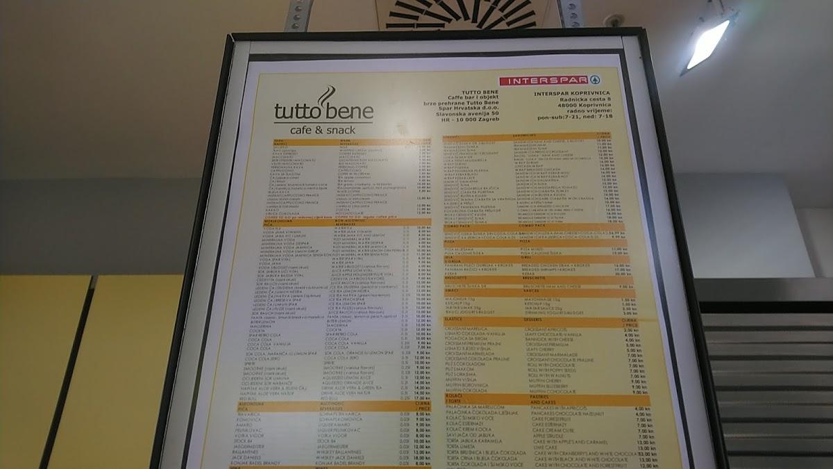 Menu at tutto bene cafe, Koprivnica