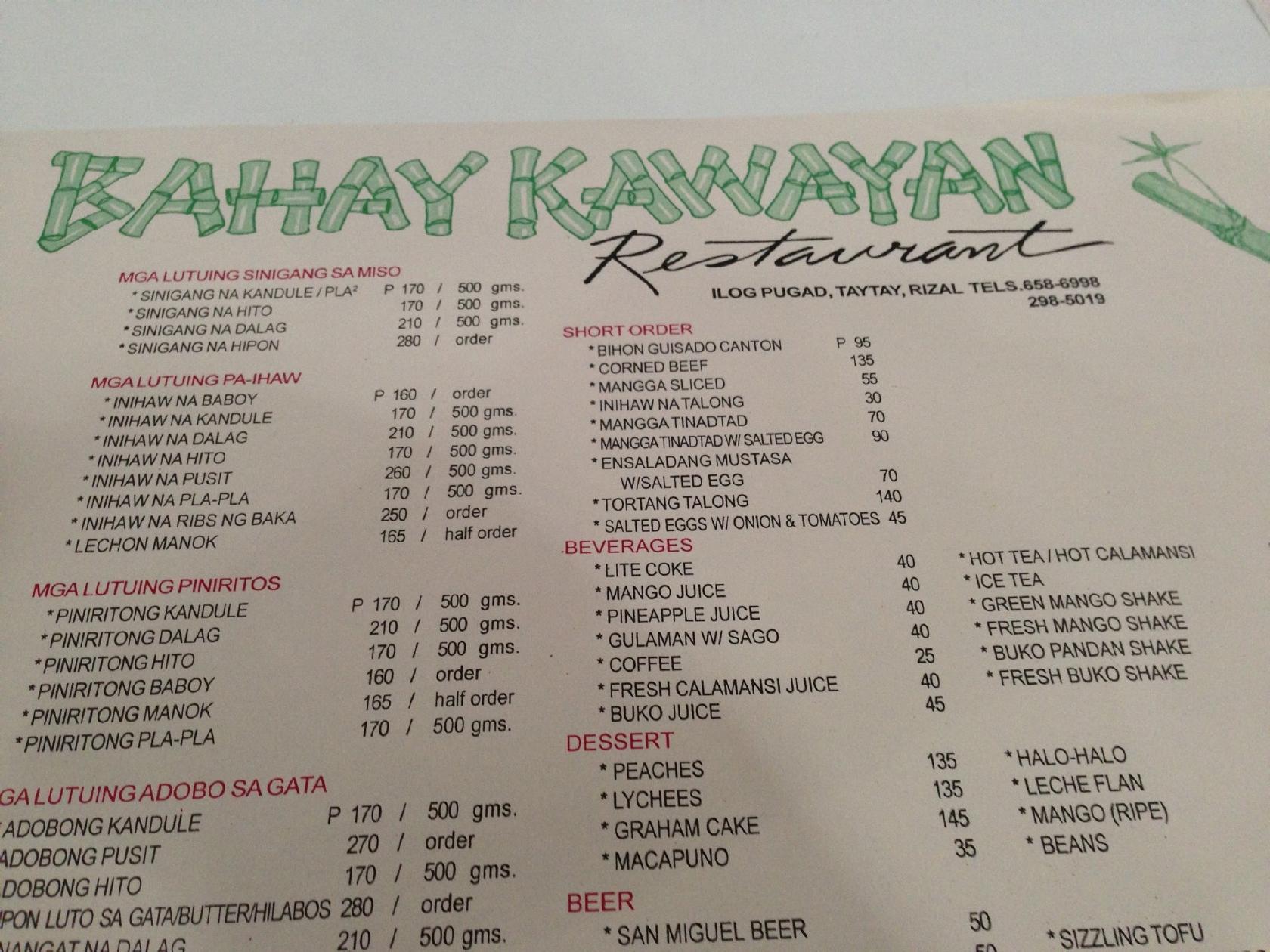 Menu at Bahay Kawayan Restaurant, Taytay, H43Q+CFV