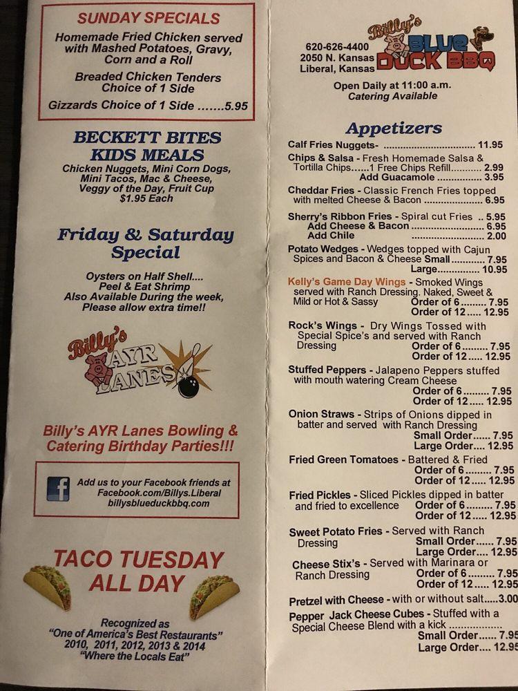 Menu at Billy's Blue Duck BBQ, Liberal, N Kansas Ave