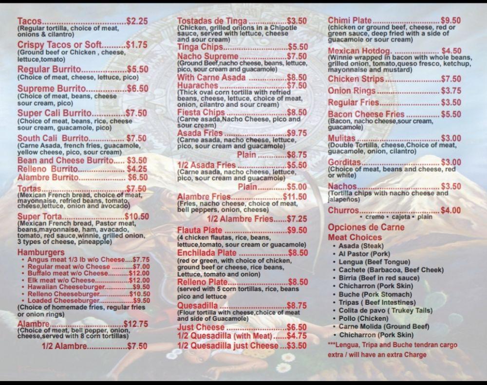Menu at El Guerrero restaurant, Roswell, 711 South Main