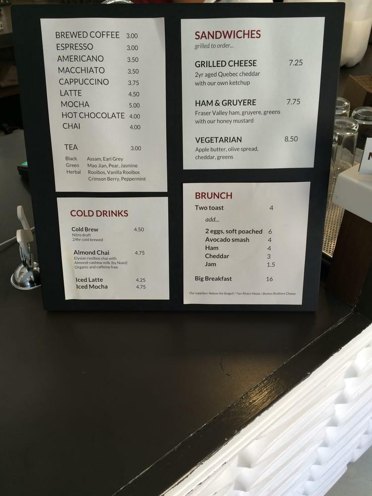 Menu at Elysian Coffee cafe, Vancouver, Burrard St