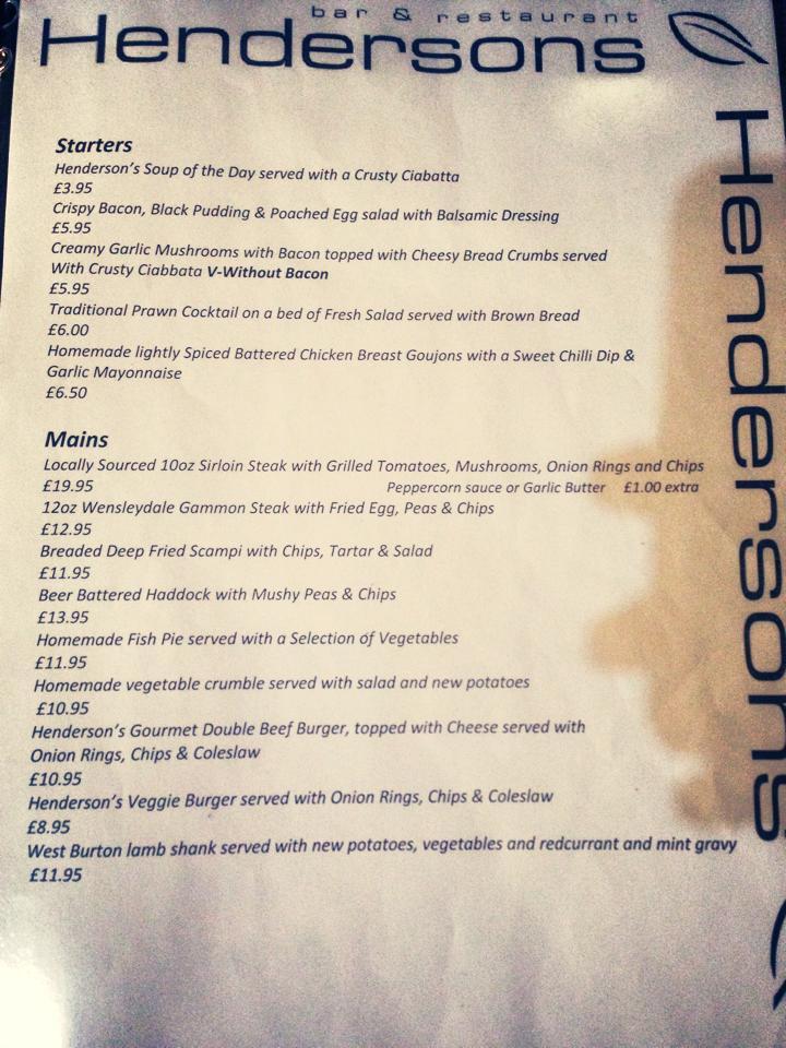 Menu at Henderson's Bar & Restaurant, Aysgarth