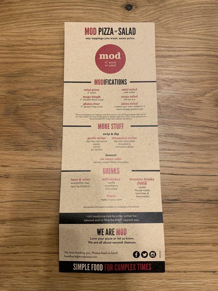 Menu at MOD Pizza pizzeria, Chesapeake