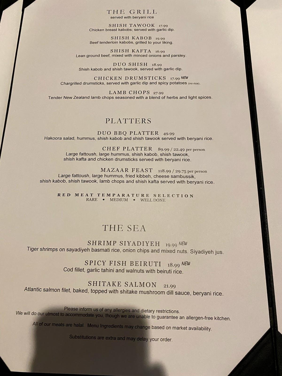 Menu at Mazaar Lebanese Cuisine restaurant, Windsor, 350 Cabana Rd E