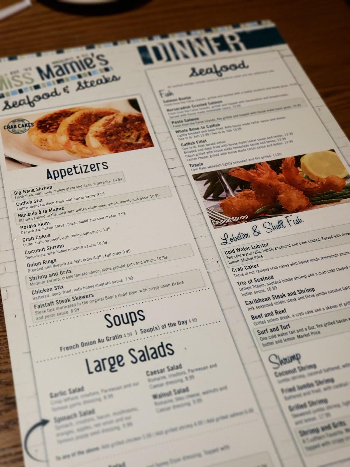 Menu at Miss Mamie's steakhouse, Moline