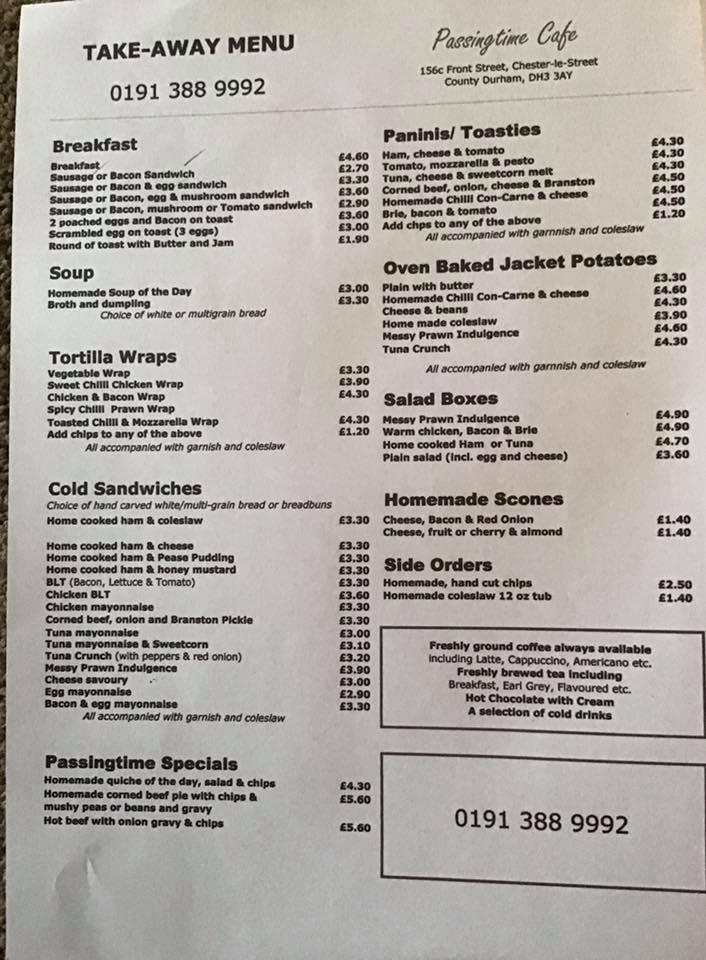 Menu at Passing Time Cafe, Chester-le-Street