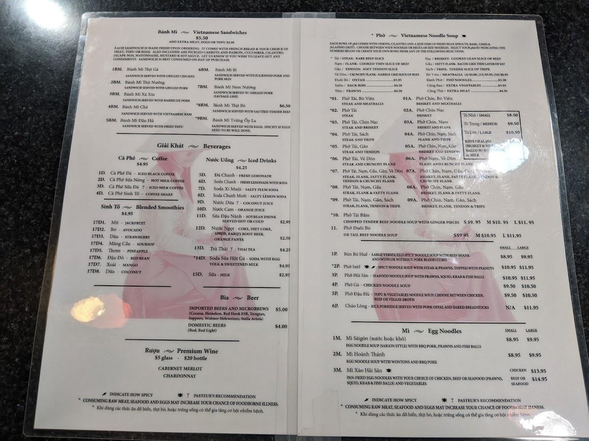 Menu at Pasteur's Noodle Soup restaurant, Everett