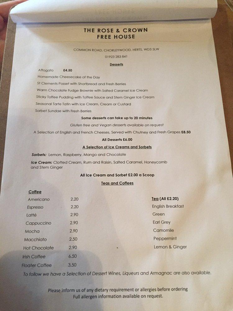 Menu at Rose and Crown - Chorley Wood pub & bar, Rickmansworth, Old ...