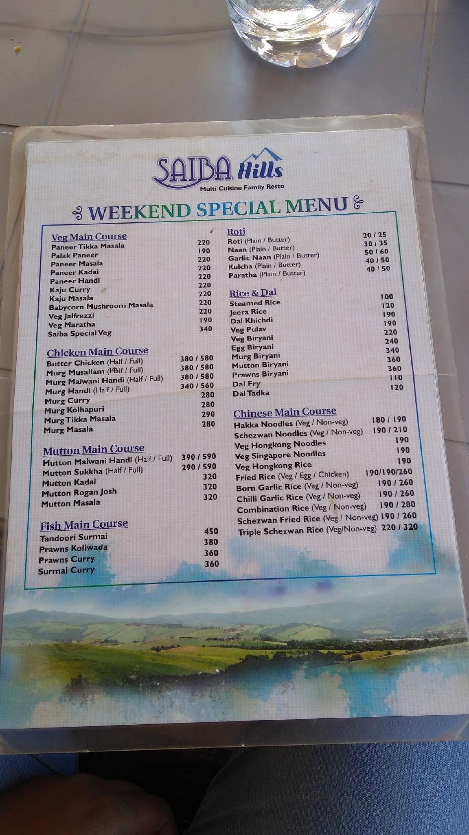 Menu at Saiba Hills, Pirangut
