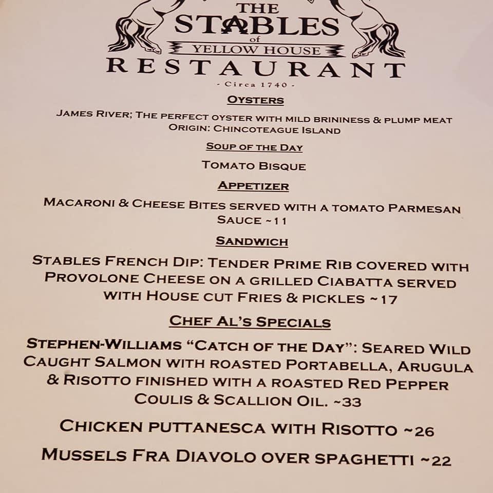 Menu at The Stables of Yellow House restaurant, Glen Mills