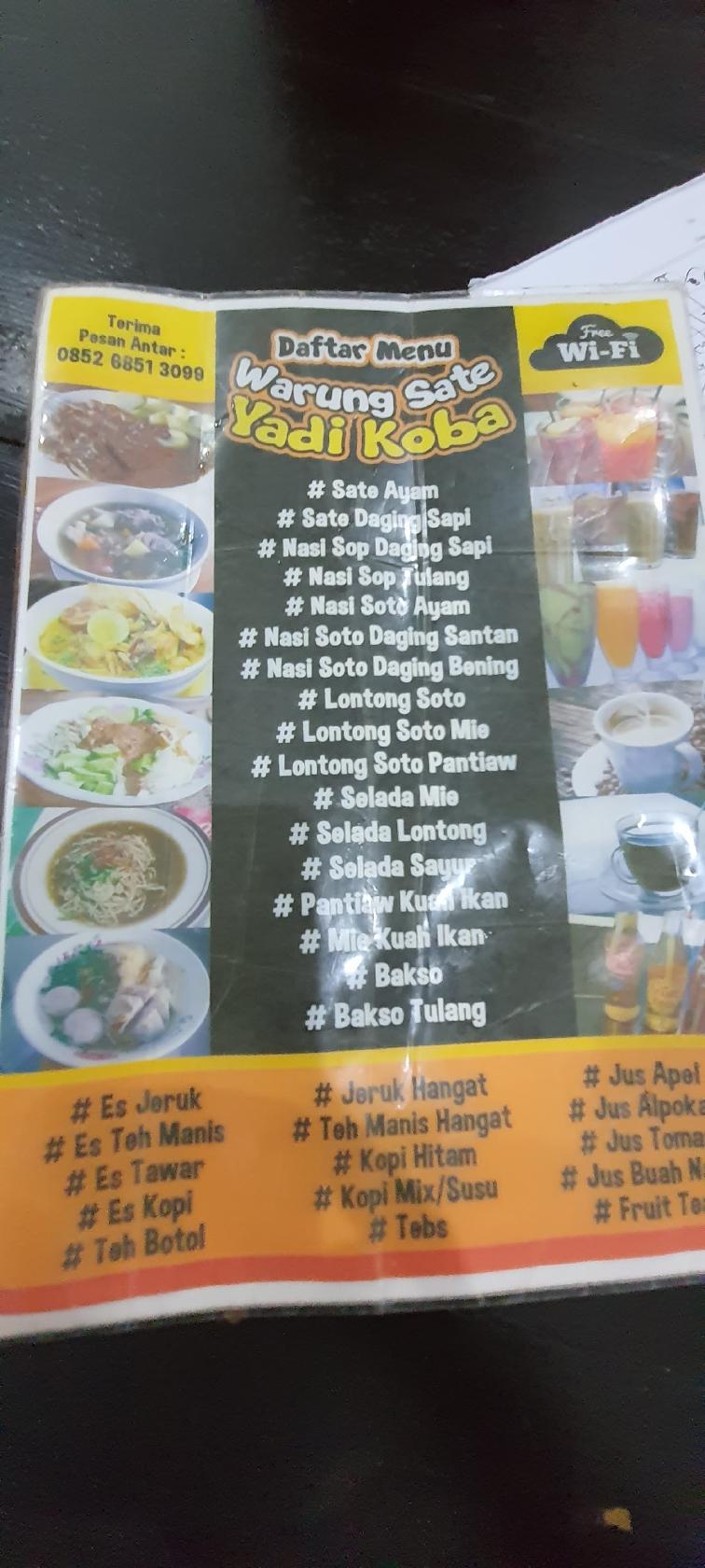 Menu at Warung Sate Yadi Koba restaurant, Koba