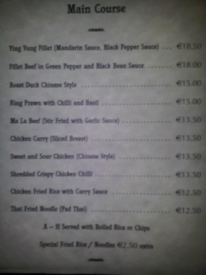 Menu at Adelphi Jade restaurant, Dundalk