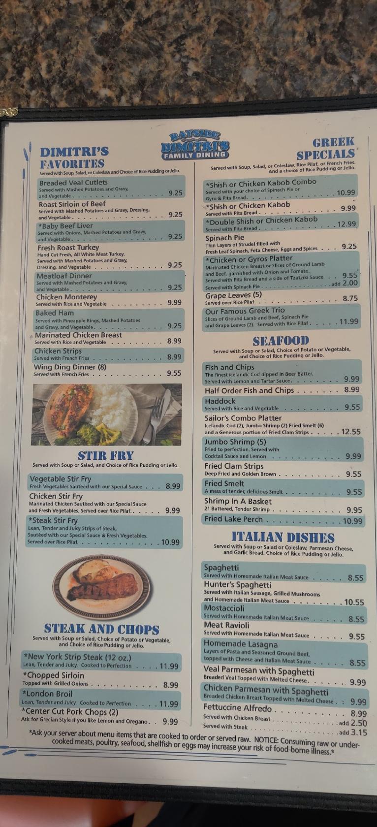 Menu at Bayside Dimitri's Family Dining restaurant, New Baltimore, 23 ...