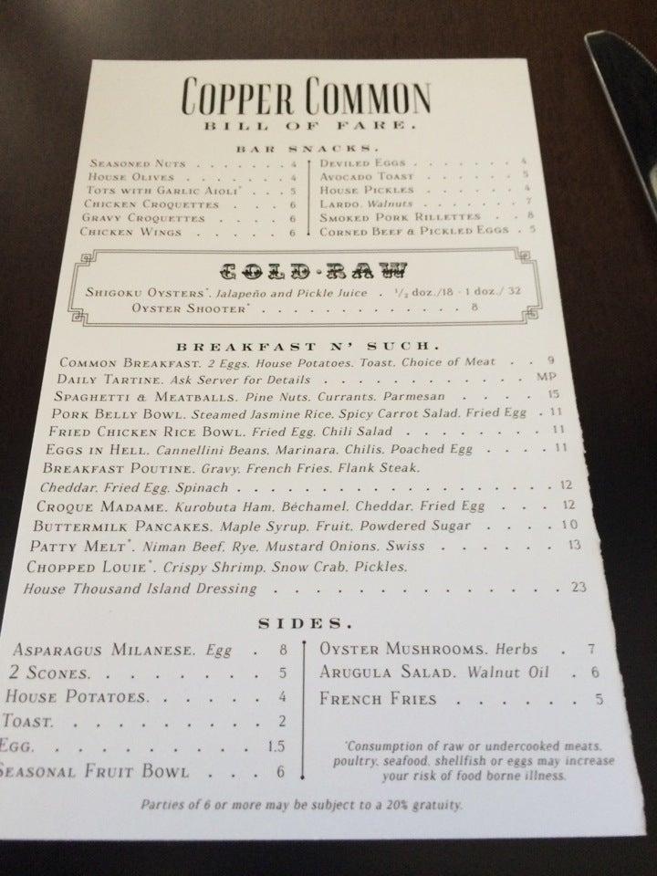 Menu at Copper Common pub & bar, Salt Lake City