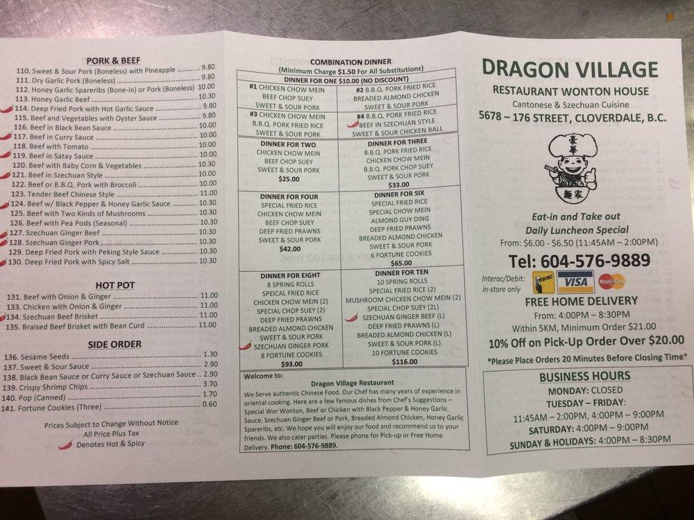 Menu at Dragon Village Restaurant & Won Ton House, Surrey