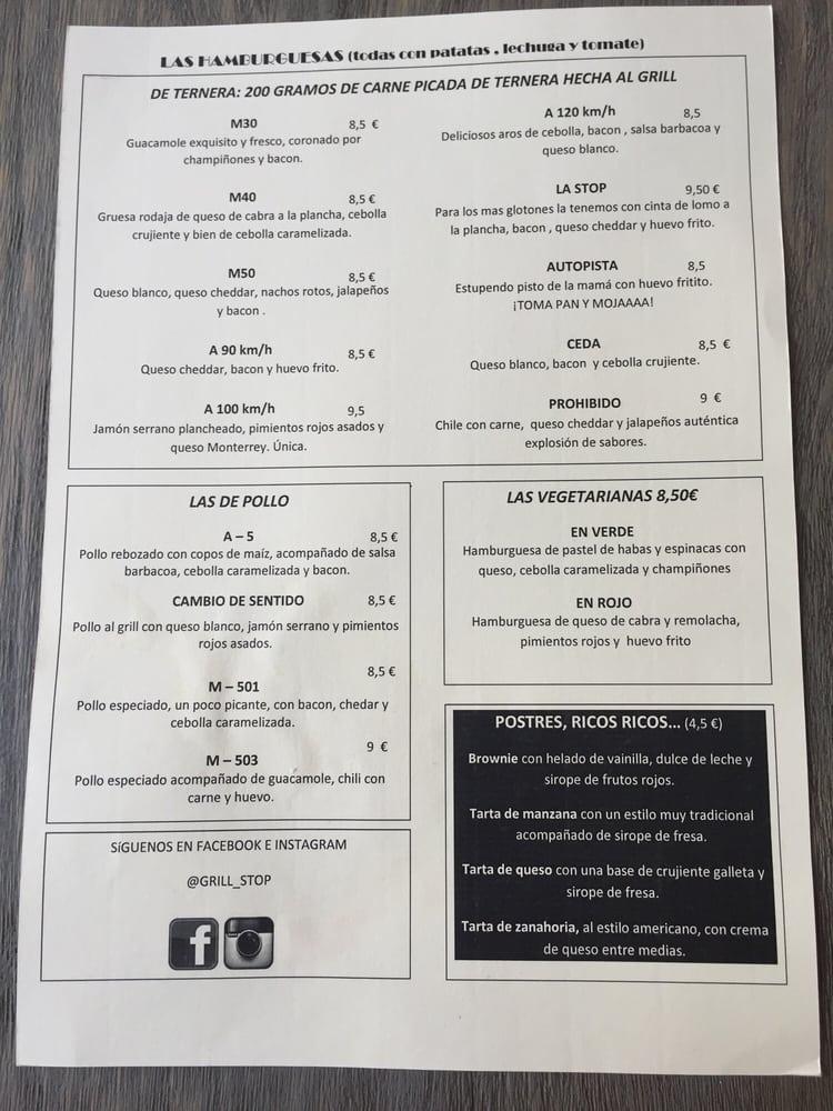 Carta de Grill Stop, Madrid