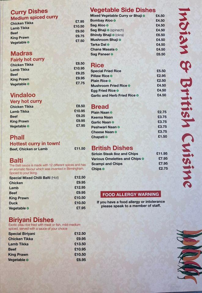 Menu at Indian-Thai restaurant, Brixham