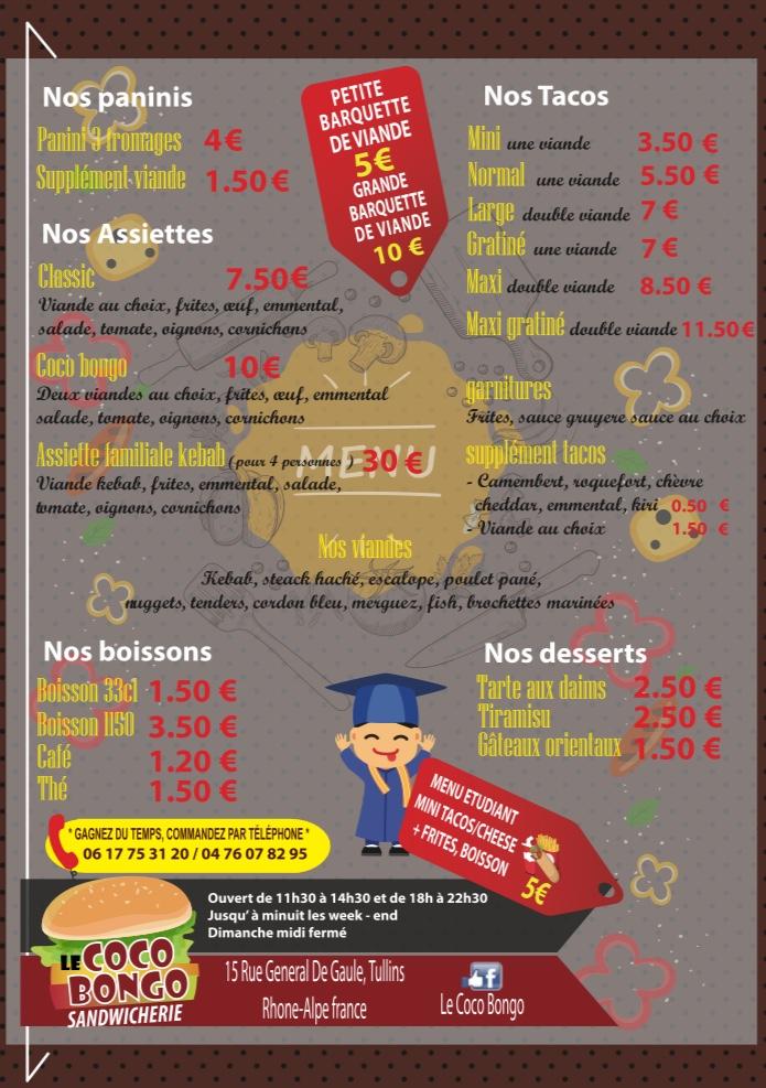 Menu au Le Coco Bongo restaurant, Tullins
