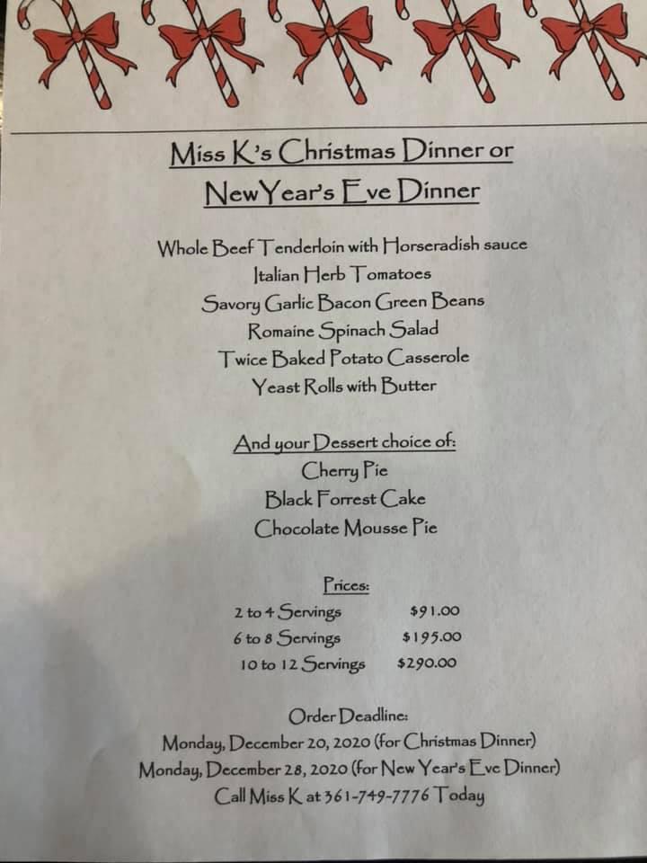 Menu at Miss K's Bistro and Catering cafe, Port Aransas