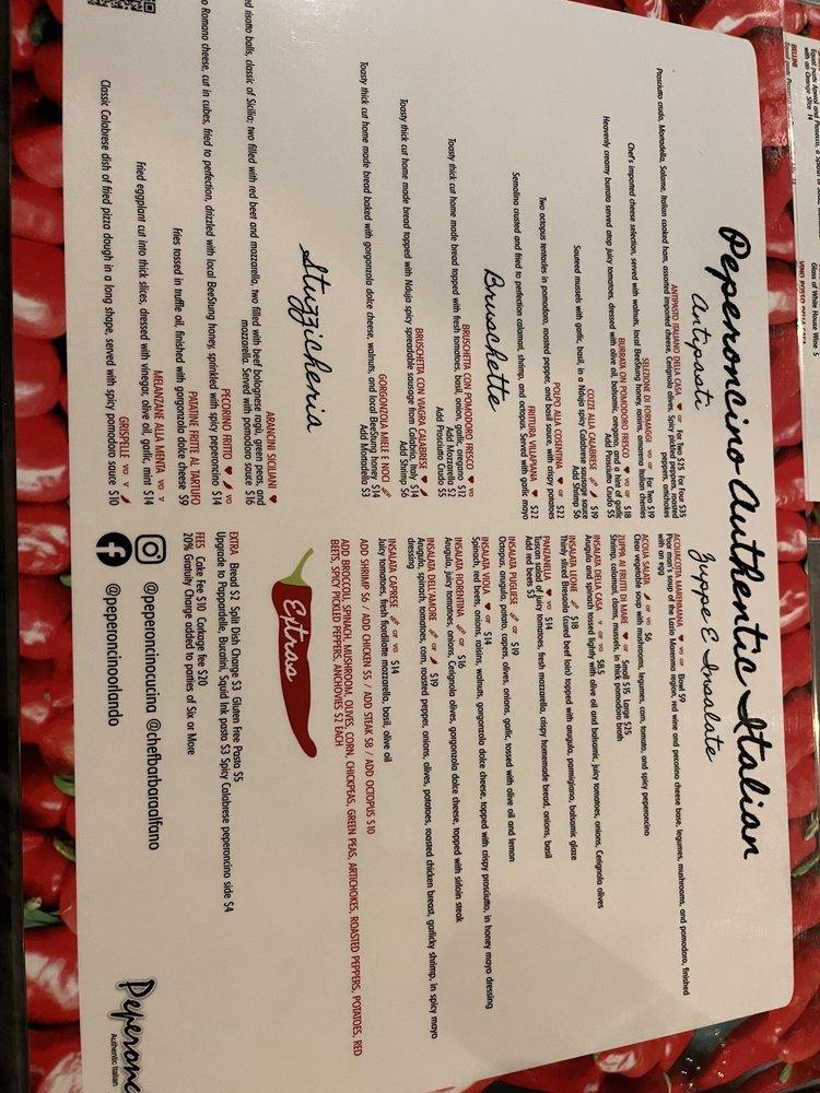 Menu at Peperoncino pub & bar, Orlando