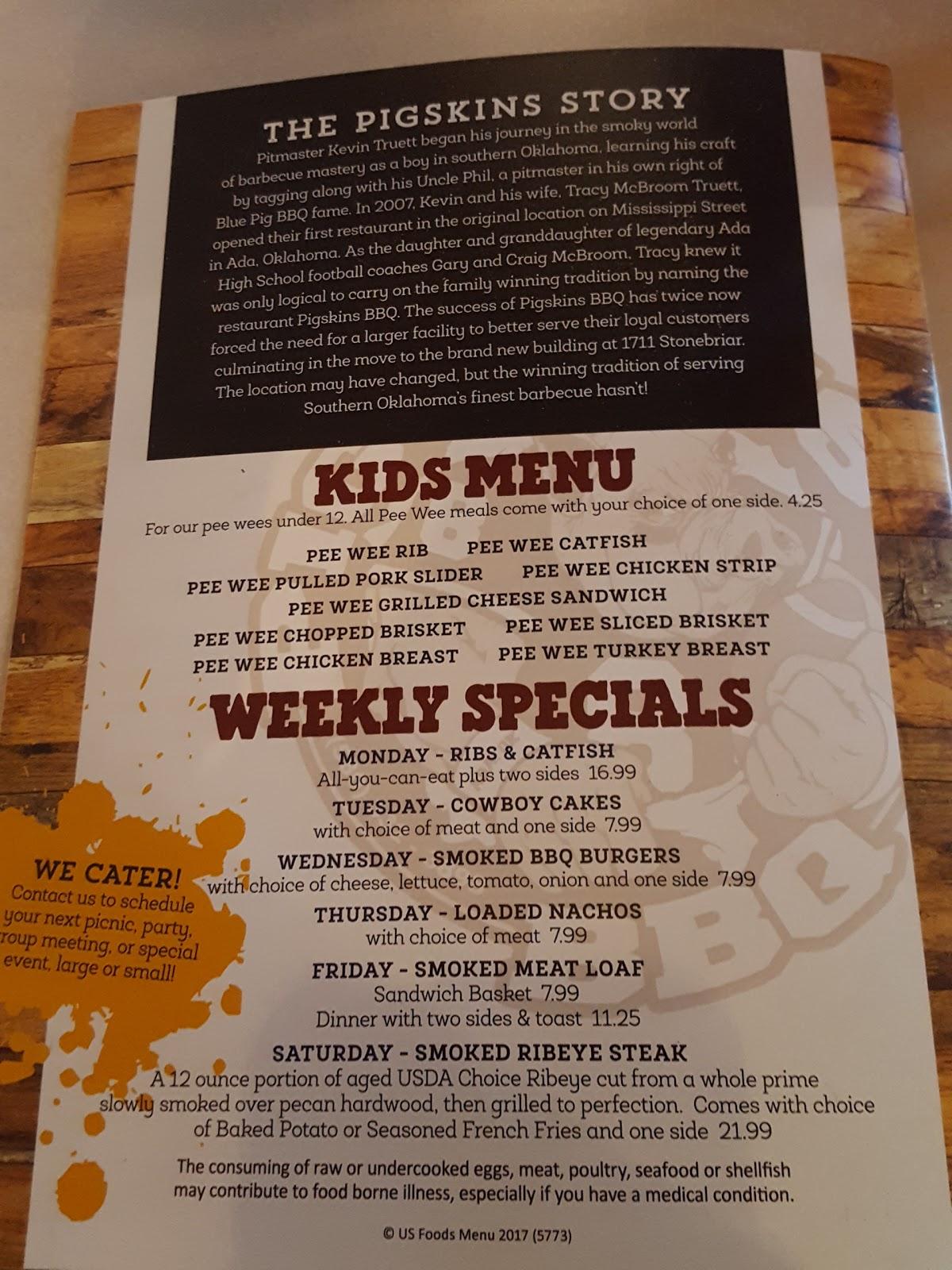 Menu at Pigskins BBQ, Ada, Stone Briar Dr