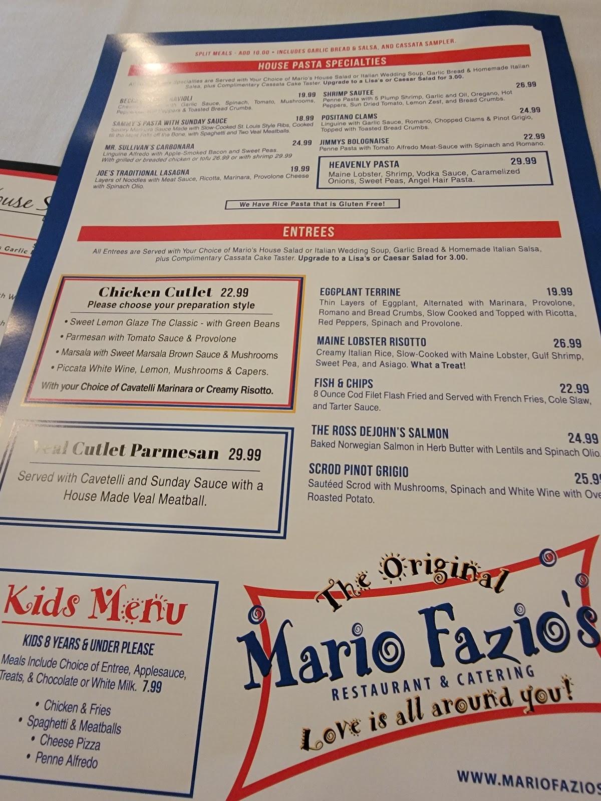 Menu at The Original Mario Fazios restaurant, Willoughby Hills