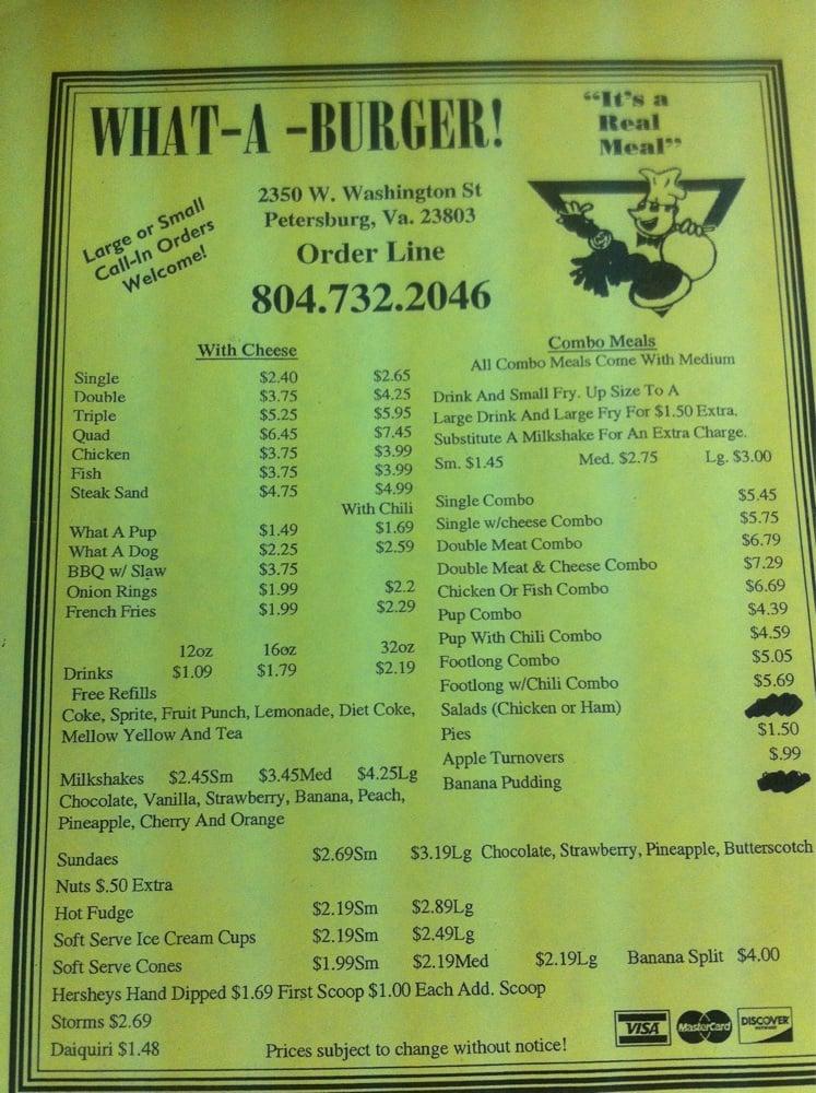 Menu at Whataburger fast food, Petersburg, W Washington St