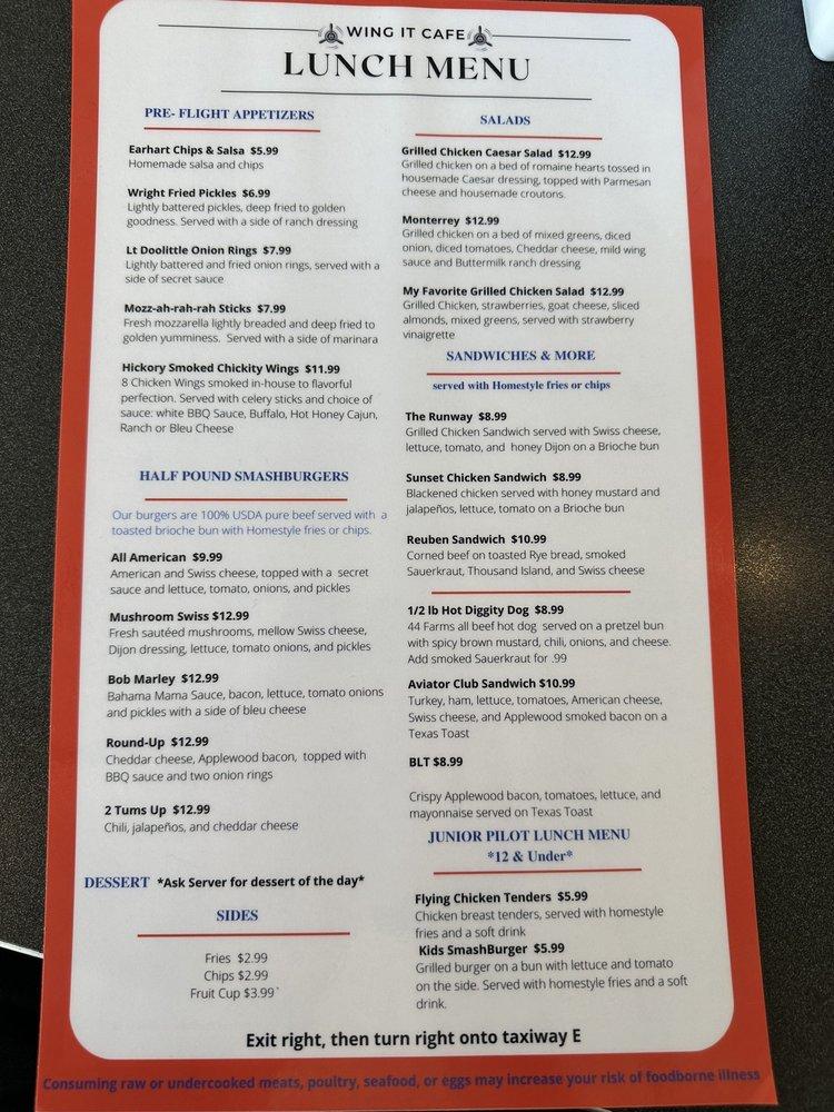 Carta de Wing It Cafe, Fort Worth