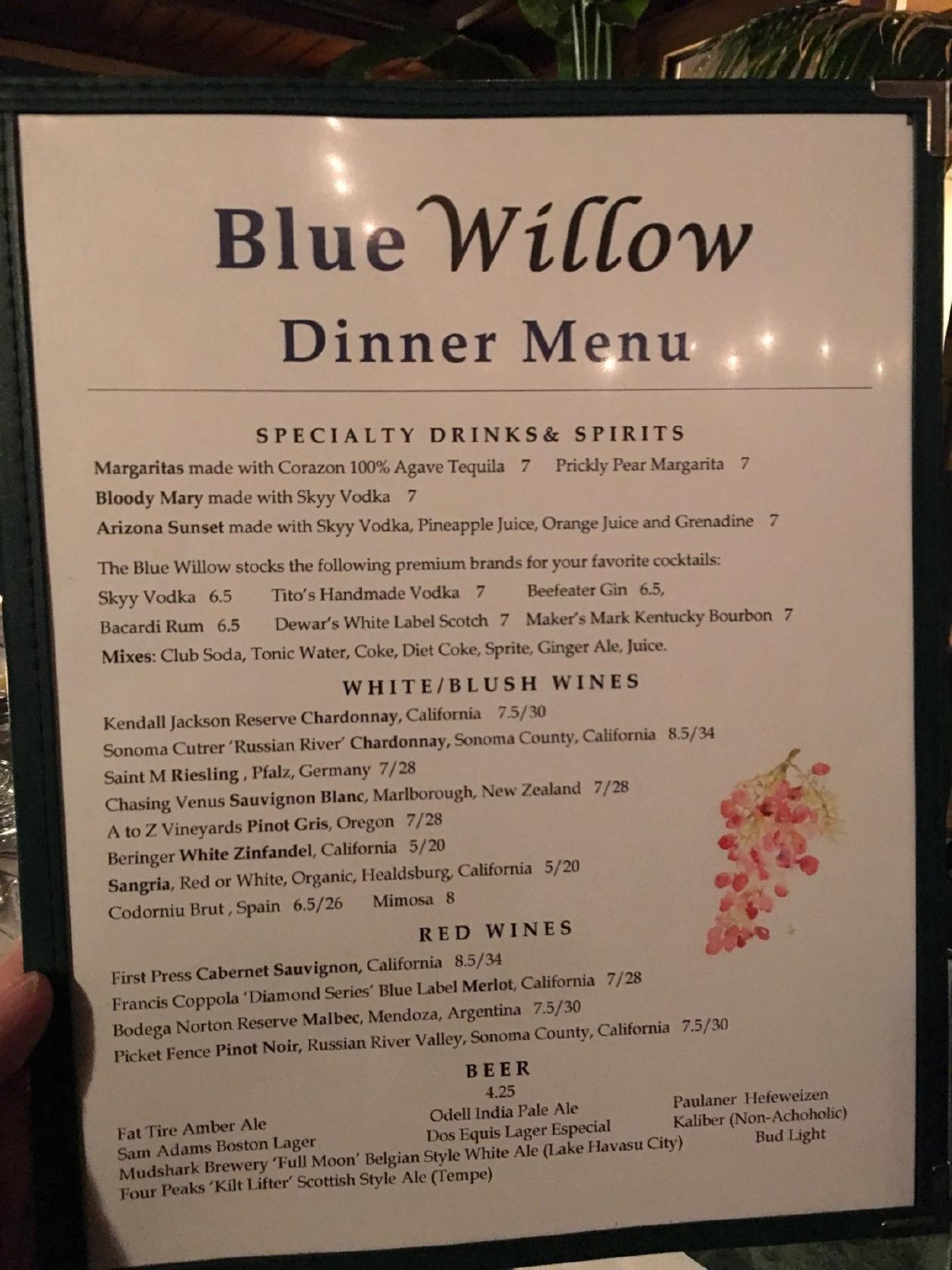 Menu at Blue Willow Restaurant & Gift Shop, Tucson, N Campbell Ave