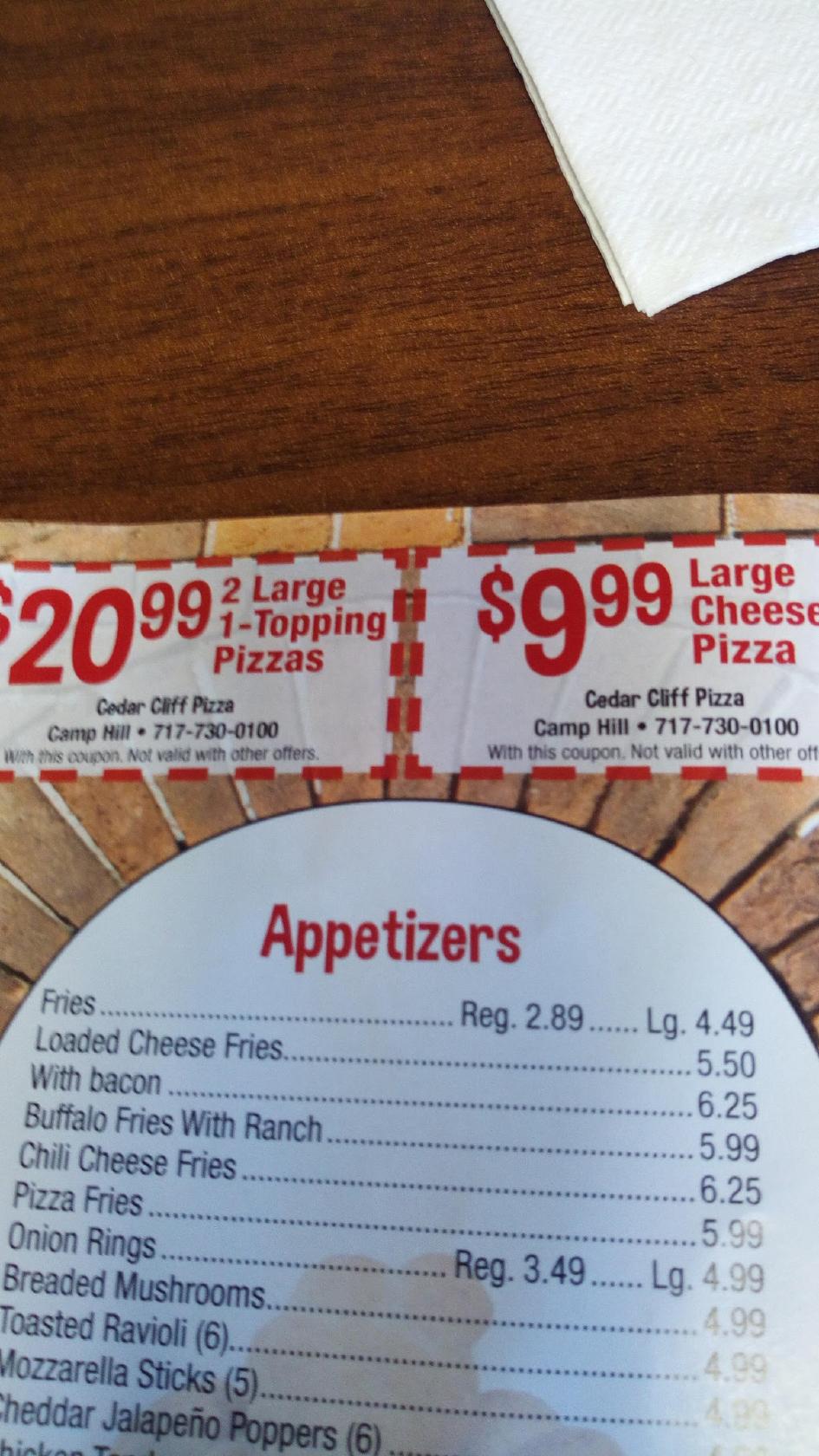 Menu at Cedar Cliff Pizza pizzeria, Camp Hill
