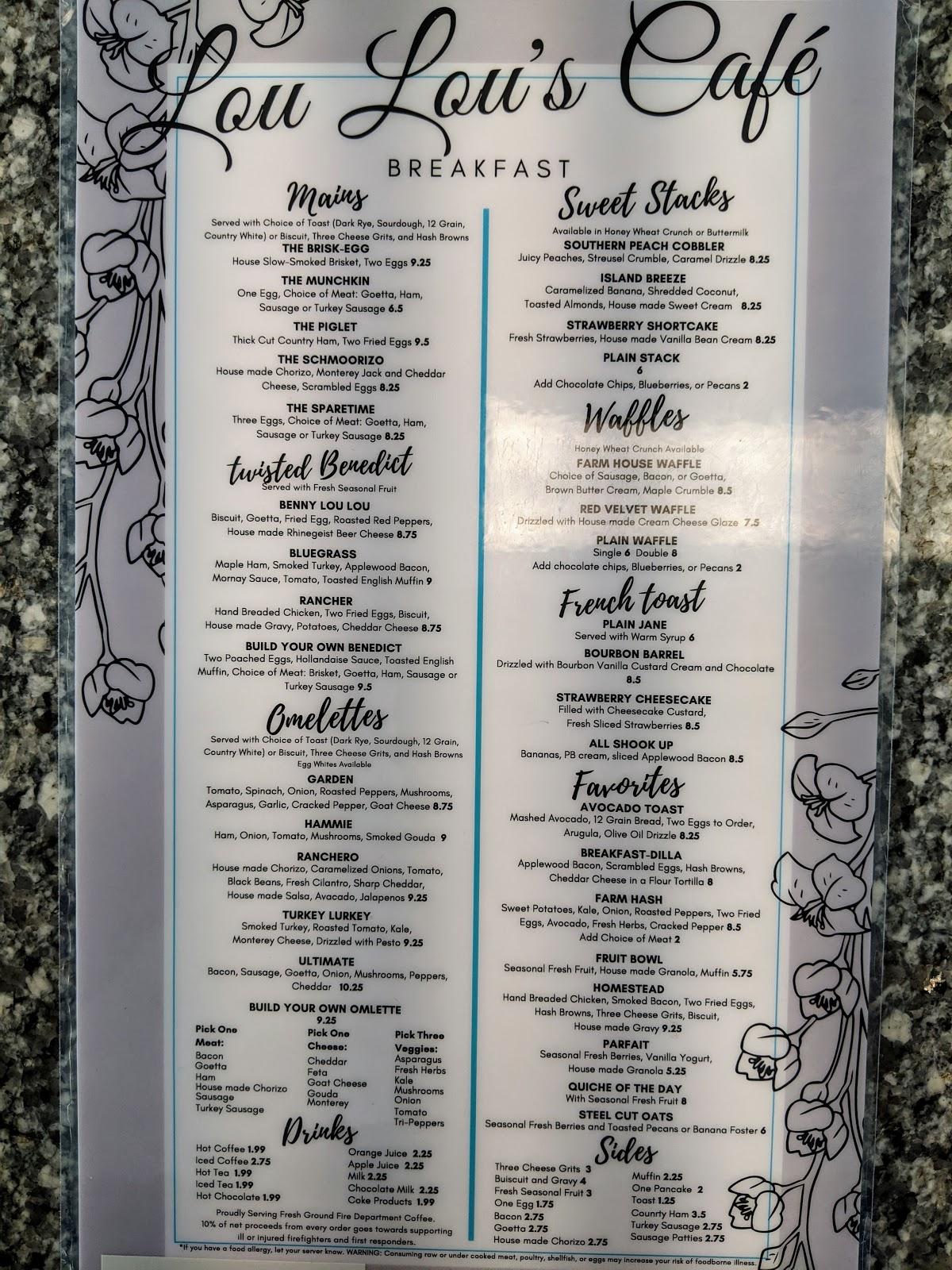 Menu at Lou Lou's Café at Spare-Time cafe, Alexandria, Alexandria Pike