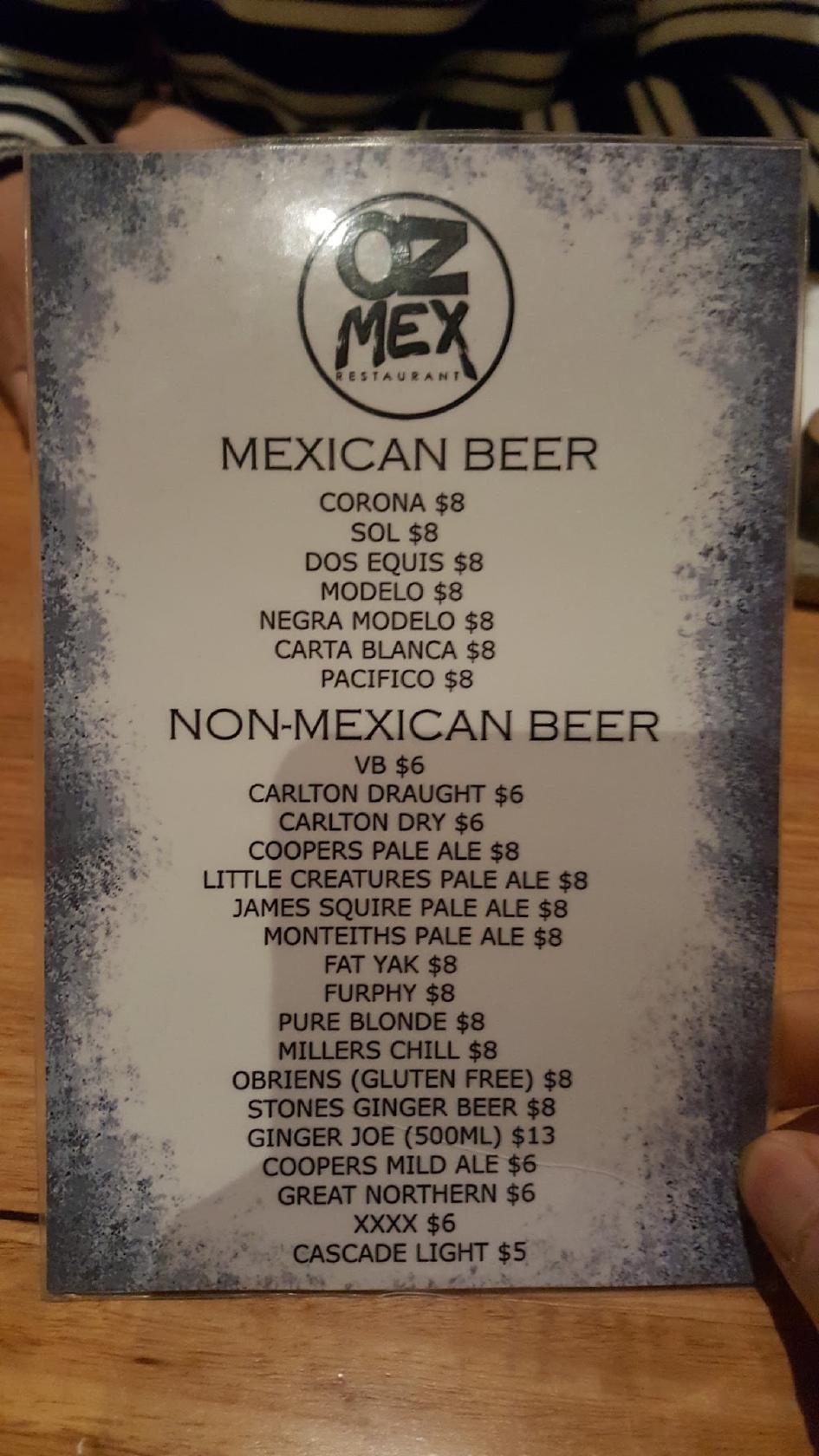 Menu at Oz Mex restaurant, Bairnsdale
