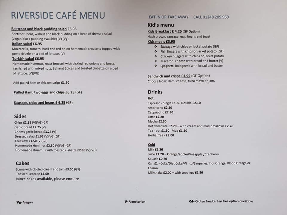 Menu at Riverside Cafe, Llanfairfechan