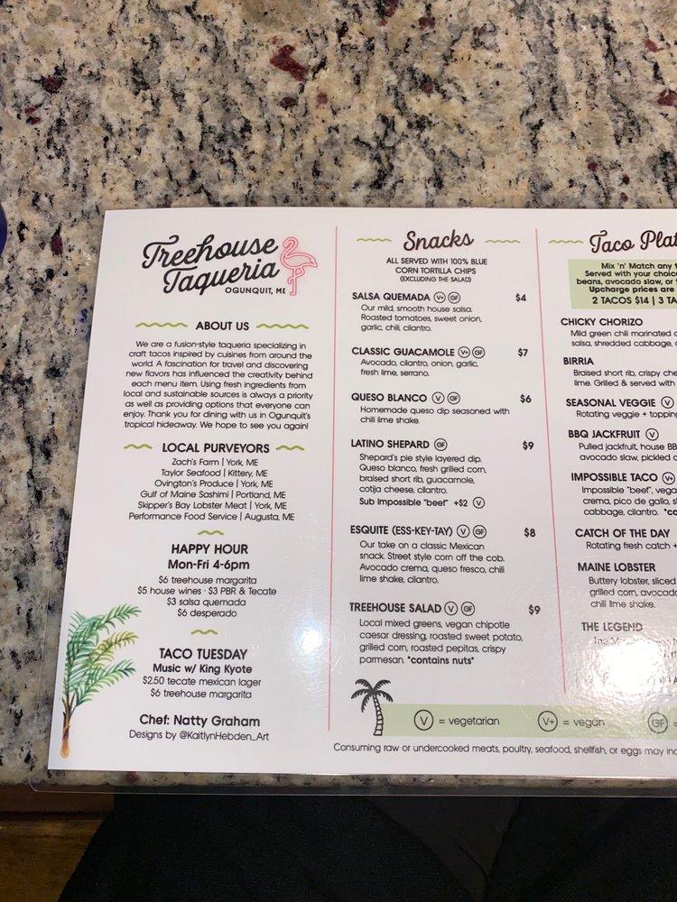 Menu at Treehouse Taqueria pub & bar, Ogunquit
