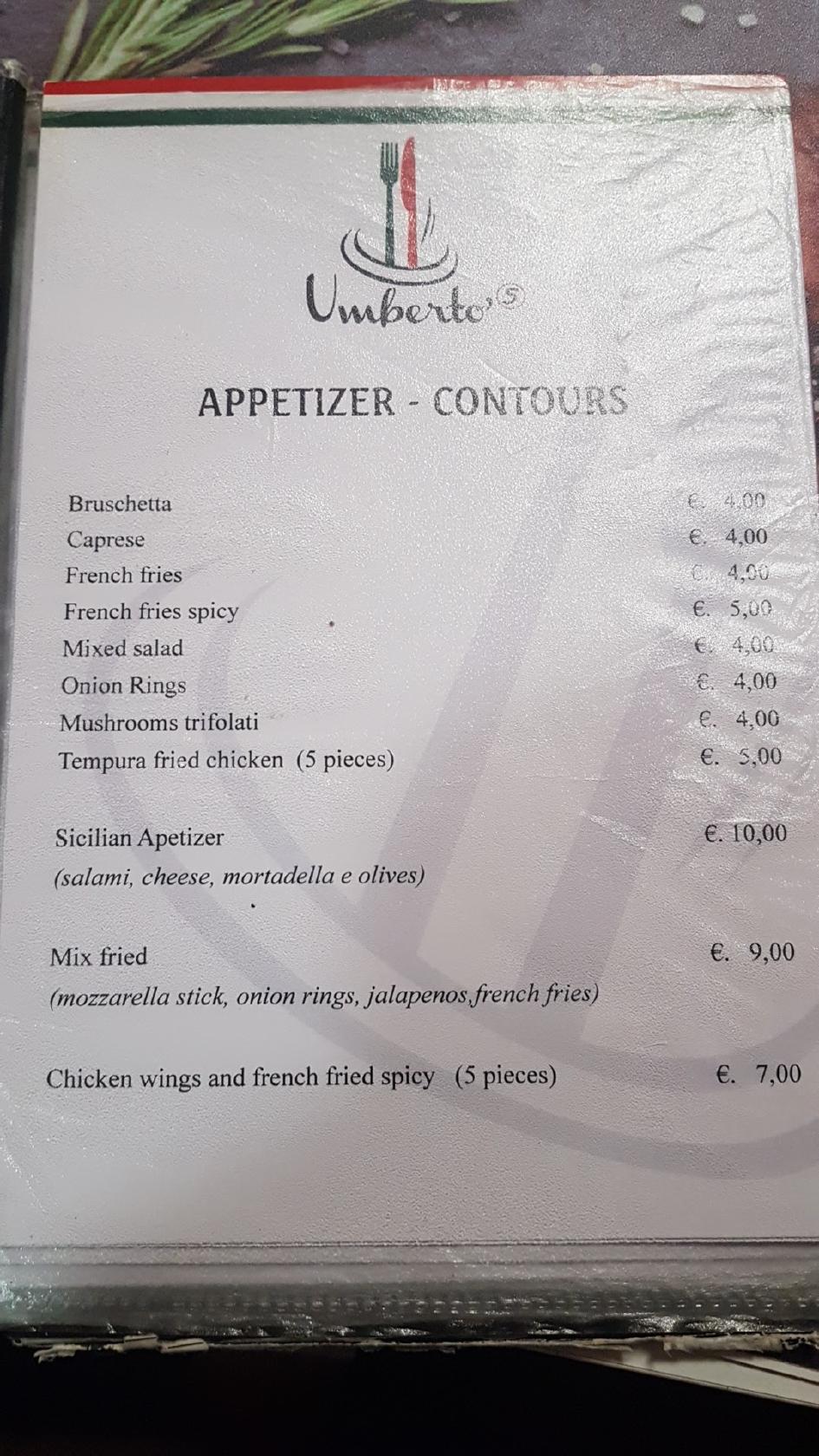 Menu da Umberto's ristorante, Italia